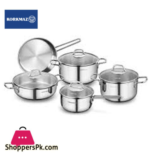 korkmaz Perla 9 Piece Stainless Steel Cookware Set with Tri-Ply ...